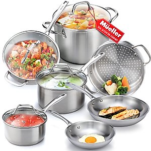 Mueller Pots and Pans Set 11-Piece, Ultra-Clad Pro Stainless Steel Cookware Set, Ergonomic and EverCool Stainless Steel Handle, Includes Saucepans, Skillets, Stockpot, Saute Pan, Steamer
