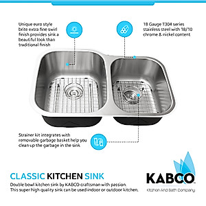 KABCO 32 Inch Big Double Unequal Bowl Stainless Steel Classic Kitchen Sink, Rust Resistant, Sound and Heat Proof 18 Gauge Undermount Sink with Sink Strainers, Sink Grids and rolling up grid