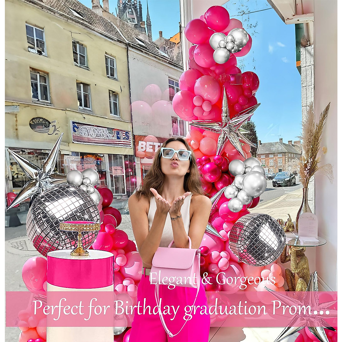 yeewaka Hot pink and silver disco balloon arch garland kit 150pcs with disco ball star mylar balloon for back to 80s 90s DiscoTheme prom Women 30th Birthday last rodeo bachelorette party decorations