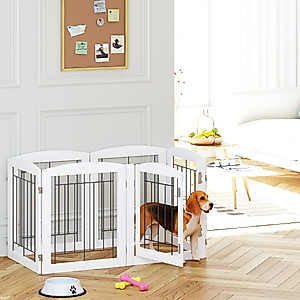 Spirich Extra Wide Dog Gates with Walk Through Door, Wooden Freestanding Pet Gate for Dog, Dog Gate for The House, Doorway, Stairs, 120" Wide Pet Puppy Safety Fence with 6 Panels (White)