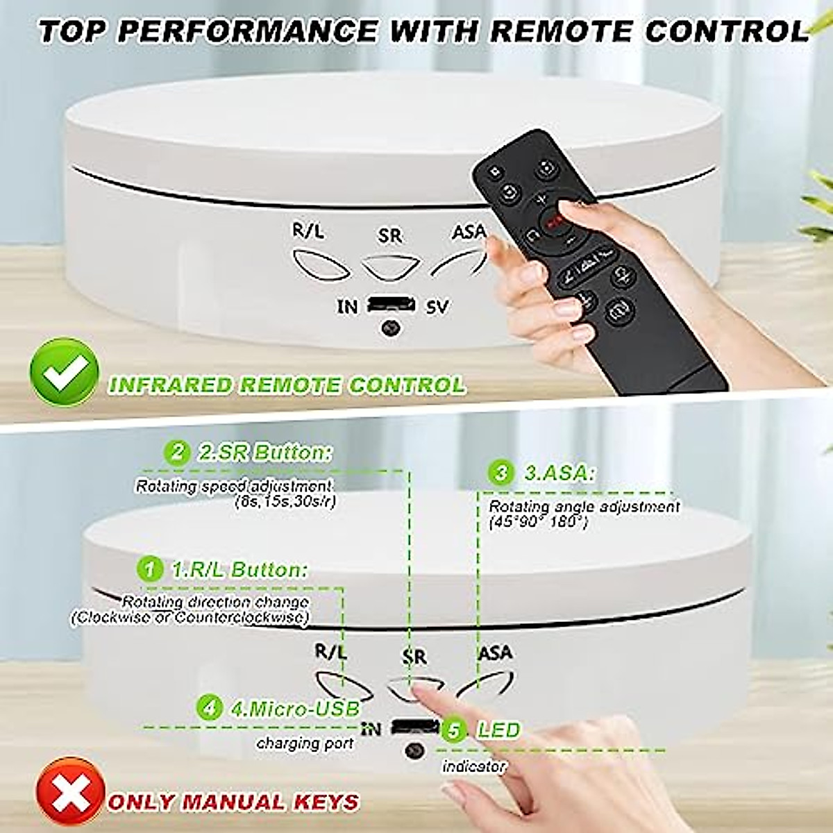 Remote Motorized Rotating Display Stand,3 in 1 Turntable Motorized White Lazy Susan with 5.74/7.08/8.66 inch Replacement Cover for Photography Products and Craft Shows（3 Modes
