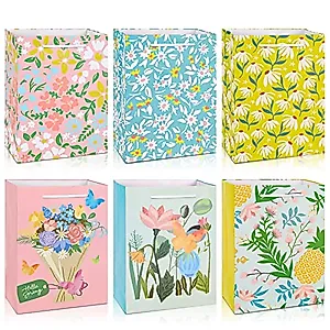 Whaline 12Pcs Spring Paper Gift Bags with Handle Floral Candy Goodie Bag Yellow Blue Pink Flower Treat Bags Party Favor Bags for Wedding Birthday Baby Shower Mother's Day Easter Party Gift Supplies