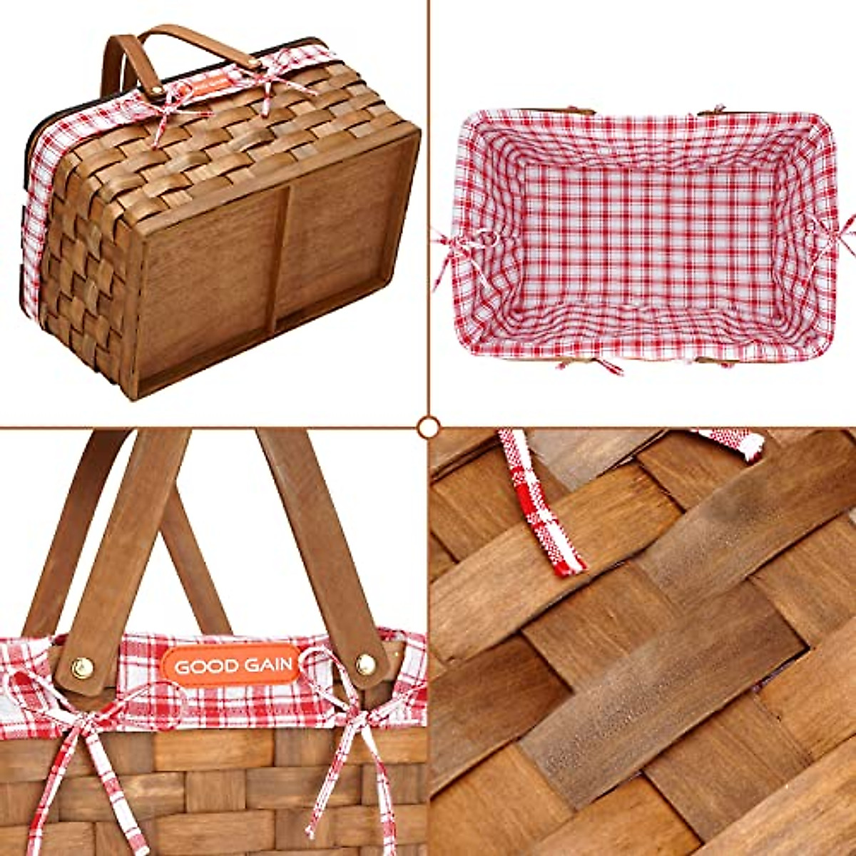 Woodchip Picnic Basket for 4 with Portable Wine Table, Woven Basket with Double Swing Handles & Removable Cutlery Service Kit, Large Basket for Picnic, Camping, Family, Wedding Gifts for Couple,Red