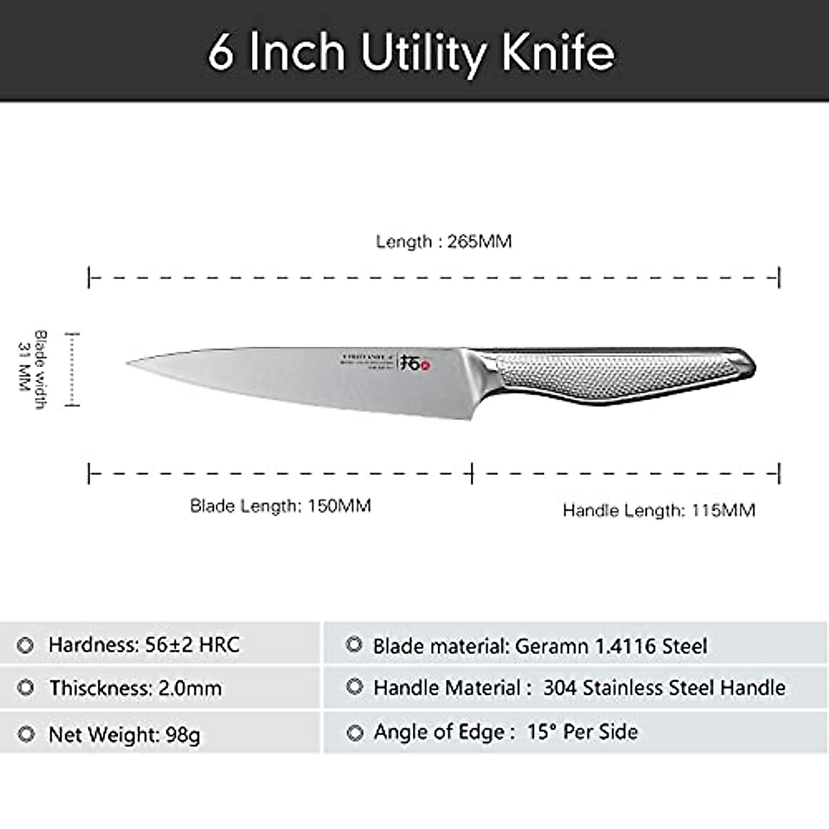 TURWHO Chef Utility Knife 6 inch Ultra Sharp Food Knife with Ergonomic Hollow Handle German Stainless Steel Small Kitchen Knife for Cooking Chopping