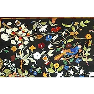 Pietra Dura Black Marble Rectangular 48" x 30" Inch Dining Table Top, Bird Inlay Fruit Inlay and Flowers Inlay Design Outdoor Decor, Indoor Decor Table Top, Piece Of Conversation, Family HeirLoom