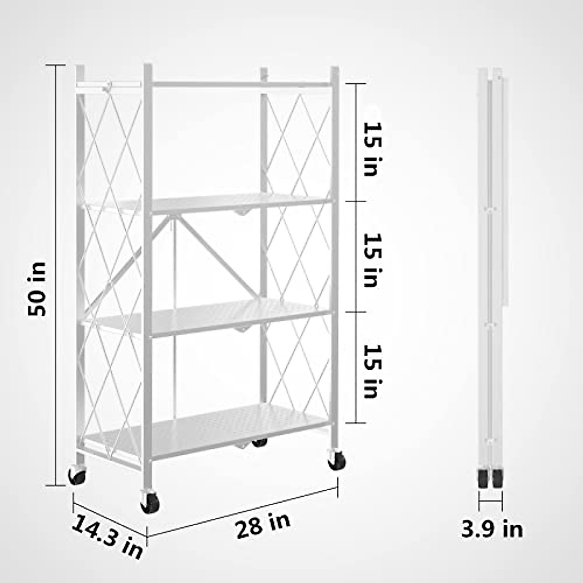 4-Shelf Foldable Storage Shelves with Wheels, Metal Shelves Heavy Duty Large Capacity Storage Shelving Unit, No Assembly, for Garage Kitchen, Warehouse, Closet, Basement and Pantry (White, 4 Tier)