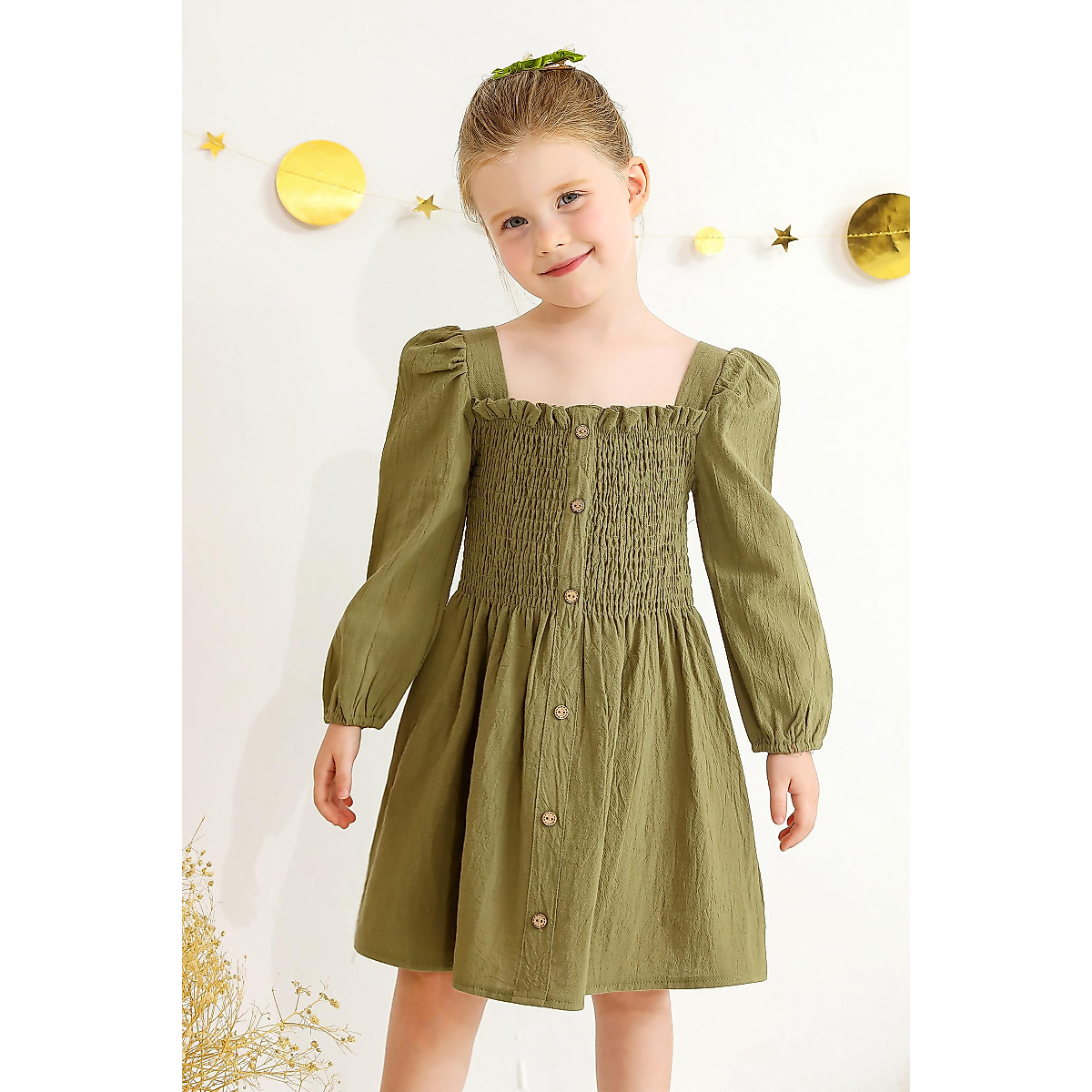 Happy Town Toddler Girl Fall Dress Long Sleeve Play Wear Dress Baby Solid Color Casual Clothes (Green, 3-4 T)