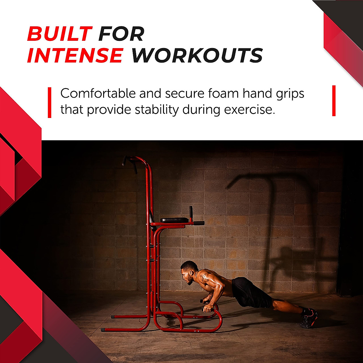 Stamina X Power Tower with VKR - Dip Bar Pull Up Bar Station with Smart Workout App - Dip Bars for Home Workout - Up to 250 lbs Weight Capacity - Red