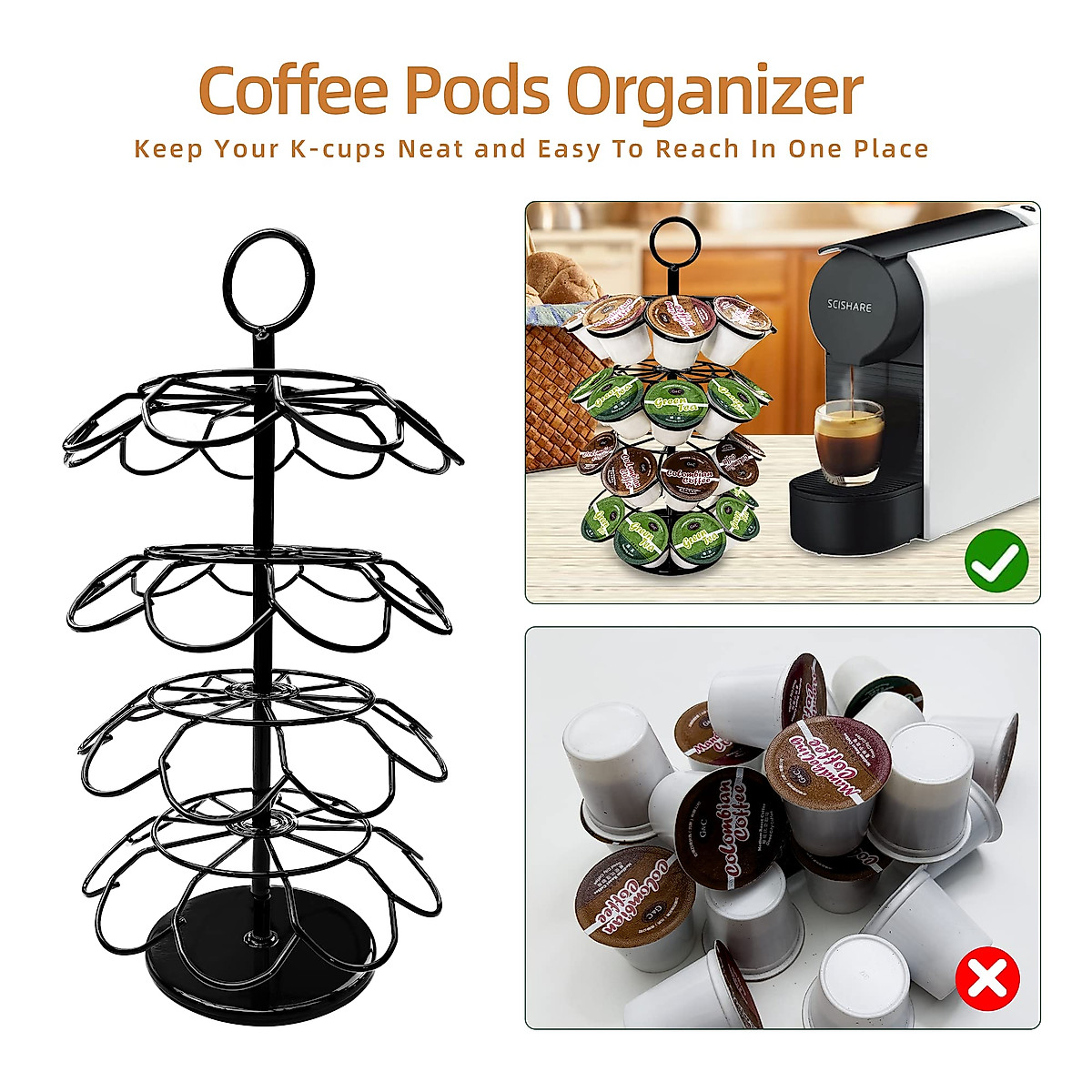 ROWISE K-Cup Pod Carousel Holder and Organizer for 36 Pods - Spins 360 Degrees, Detachable, Modern Metal Design in Black for Home and Office Counters