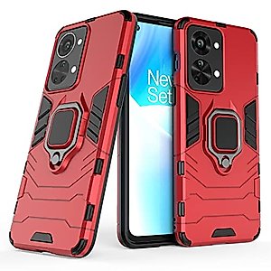 DWAYBOX Case for OnePlus Nord 2T 5G 6.43 inch, Compatible with Magnetic Car Mount, 360° Metal Ring Kickstand, 2in3 Dual Layer Hybrid Armor Shockproof Back Cover -Red
