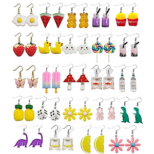 Jewdreamer 24 Pairs Cute Earrings Weird Earrings Set Funny Kawaii Earrings Fruit Gummy Bear Duck Water Bottle Goldfish Dinosaur Mushroom Butterfly Strawberry Dangle Earrings for Women