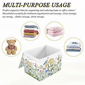 JUMBEAR Herbs Wild Flower Rectangular Storage Bin with Lid and Handle, Collapsible Toys Clothes Storage Basket Organizer for Closet, Office, Nursery, Home Decor