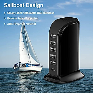 Charger Block 6 in 1 Upoy, 40W USB C Charger 3A, Charging Hub with 5 USB Ports(Shared 6A) for Multiple Electronics, USB Charging Station Multiports, Universal Desktop Phone Charger Travel Ready, Black