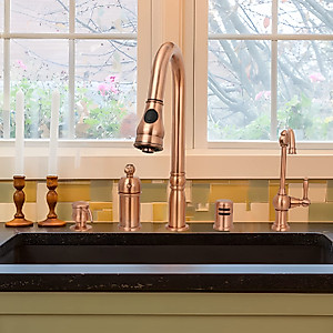 Copper Kitchen Faucet with in-Deck Handle and Soap Dispenser, Single Handle Solid Brass High Arc Pull Down Sprayer Head Kitchen Sink Faucet OH97918