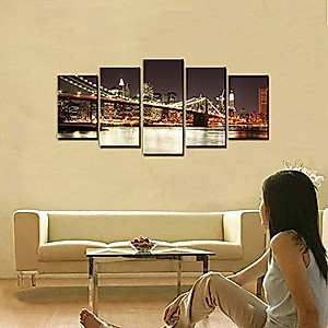 Wieco Art 5 Piece Giclee Canvas Prints Wall Art The Brooklyn Bridge Landscape Pictures Photo Paintings for Living Room Bedroom Home Decorations Modern Stretched and Framed City Skyline Art Work