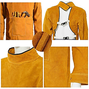 Jewboer Leather Welding Apron with Sleeve,Heavy Duty Welding Jacket,Heat Flame Resistant Weld Coat for Men Women,L