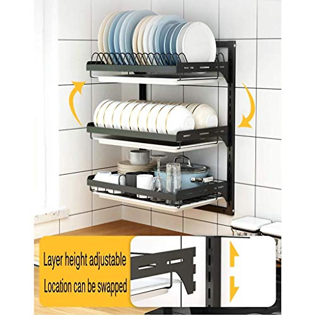 FEHUN Sinks,3-Layer Wall-Mounted Dish Drying Rack，Kitchen Rack,201 Stainless Steel Kitchen Dish Rack Drain Rack with Drain Tray