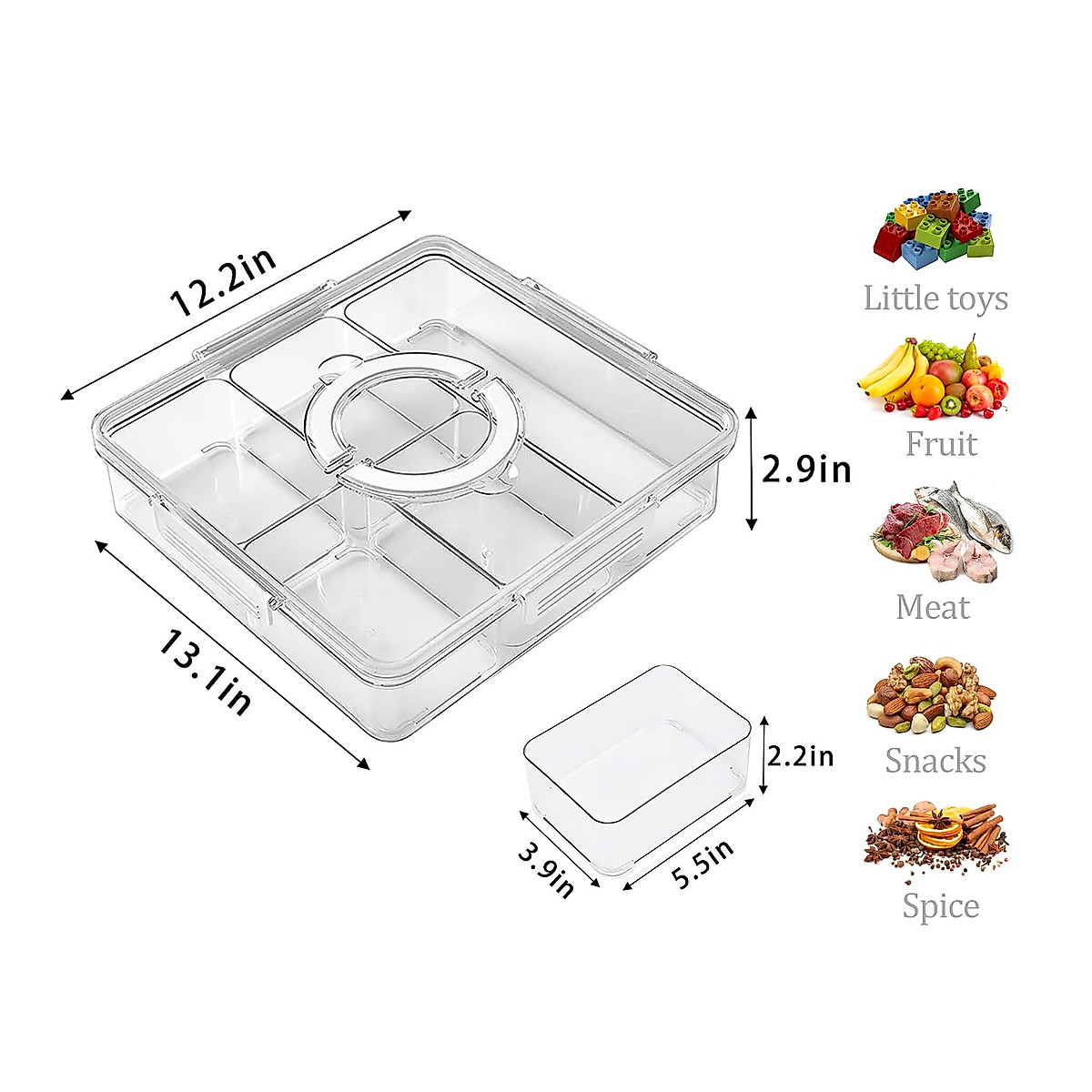 YouLike 12'' Large Divided Snackle Box Charcuterie Container with Handles and Lids 6 Removable Compartment Fruit Serving Tray for Veggie Meal Prep Fridge Storage Box