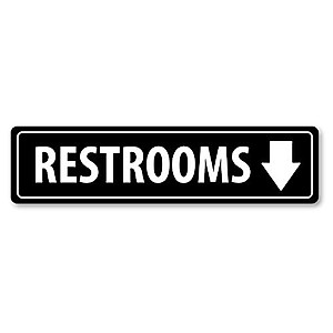 Grafkën: MG1080 Aluminum Sign LARGE 24 in x 6 in: RESTROOMS. ARROW DOWN (black/white) Style 1 (PREVIOUS MODEL)
