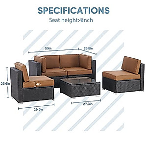 SUNCROWN 5-Piece Outdoor Patio Furniture Sofa Set All-Weather Wicker Sectional Sofa Couch Conversation Sets with Washable Cushions and Coffee Table (Brown)
