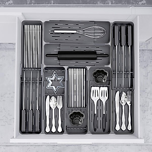 KOUPA Expandable Silverware Drawer Organizer Set of 2, Compact Utensil Flatware Tray for Kitchen, Adjustable Plastic Cutlery Holder Storage for Spoons Forks Knives, Gray