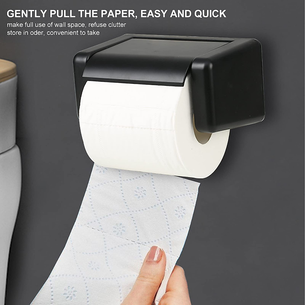 Toilet Roll Paper Holder, 120 Degree Plastic Black Wall Mounted Self Adhesive No Punching Container, Toilet Tissue Holder for Bathroom, Kitchen, Living Room(15.7X9.9X8.2Cm)