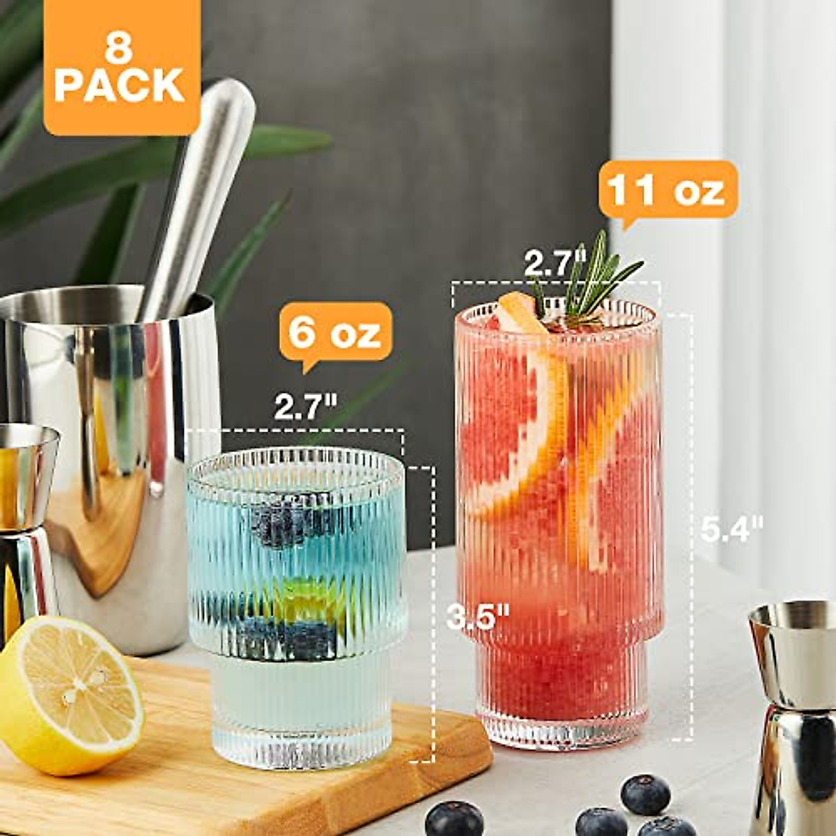 Gencywe 8 Pack Drinking Glasses, 4pcs Highball Glasses (11oz) & 4pcs Rocks Glasses (6oz), Vintage Glass Cups, Elegant Ribbed Glassware, Iced Coffee Glasses, Glass Tumbler for Cocktail, Whiskey, Juice