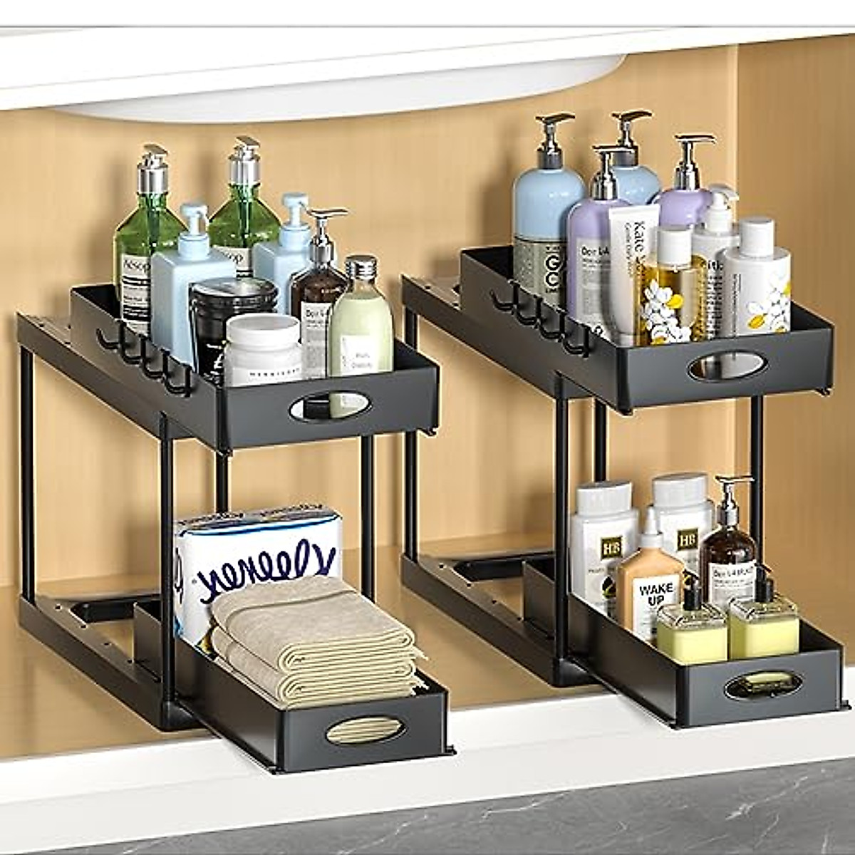 Aojia Under Sink Organizer with 2 Sliding Drawers, Bathroom Organizer Under Cabinet, Pull-out Under Sink Storage，Under Cabinet Storage for Kitchen and Bathroom