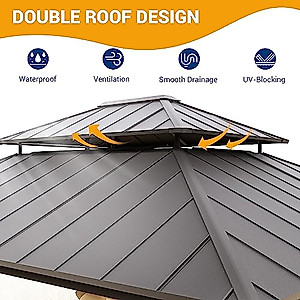 VONZOY 12' x 14' Hardtop Gazebo, Heavy Duty Double Roof Galvanized Steel Outdoor Metal Gazebo with Nettings & Curtains, Aluminum Gazebo with Vertical Stripes Roof for Patio, Backyard, Lawns [Beige]