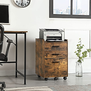 Kavonty File Cabinet, Mobile Office Cabinet with 2 Small Fabric Drawers and 1 Large Drawer,for A4, Letter Size, Hanging File Folders, Rustic Brown and Black