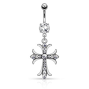 Body Accentz Belly Button Ring Celtic Cross with Paved Gems Dangle Navel Ring