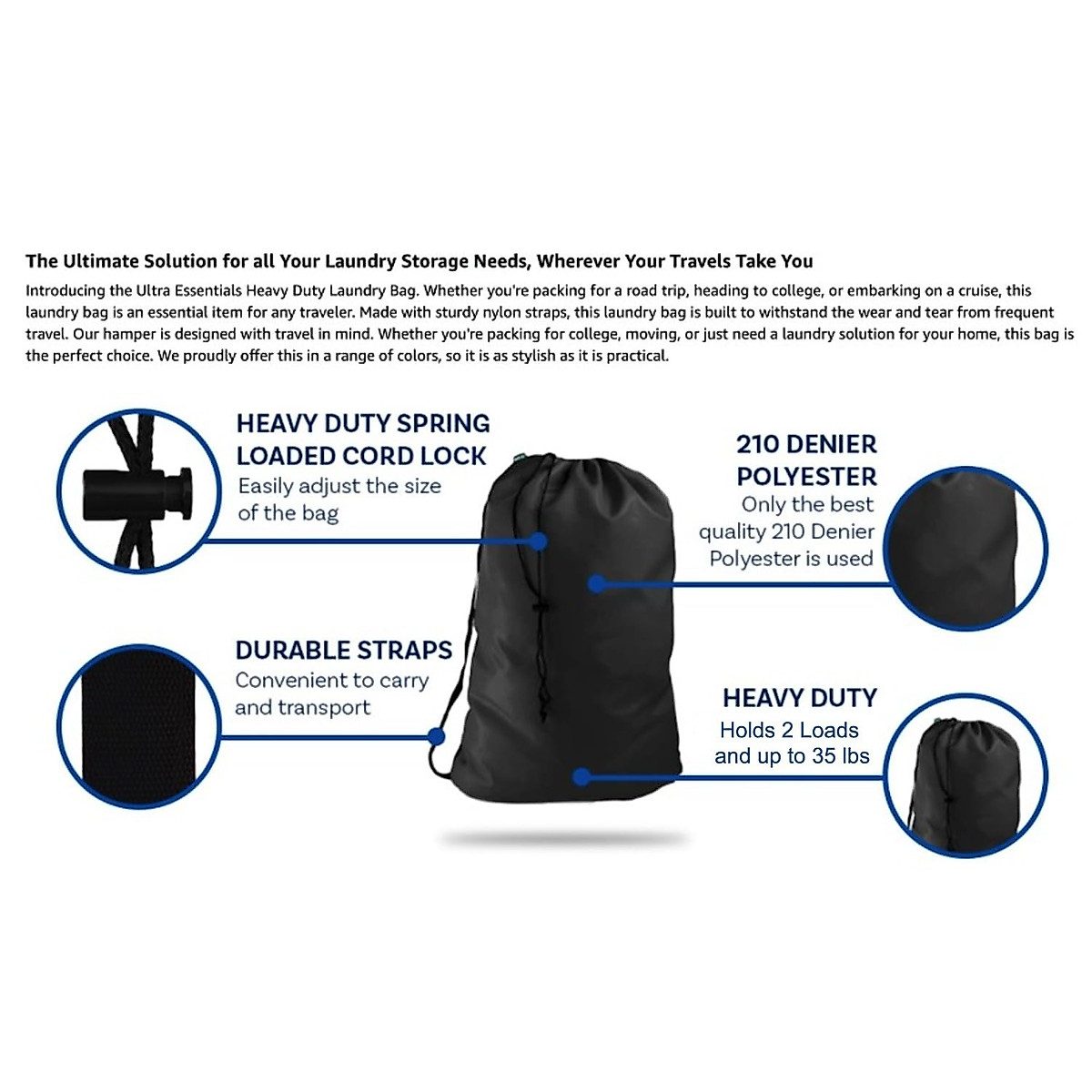 ROYAL BLUE Laundry Bag Heavy Duty w/Shoulder Strap, 22" x 28", Child Size, Small for Cruise, Water Resistant, Holds 2 Loads or 35 lbs, Dorm, Store Blankets, Yarn, Fabric & Clothes