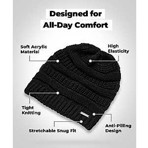 Women’s Soft Warm Stretchy Trendy Chunky Knit Beanie - Stylish Cable Knit Beanie Skully for Fall Winter Weather Black