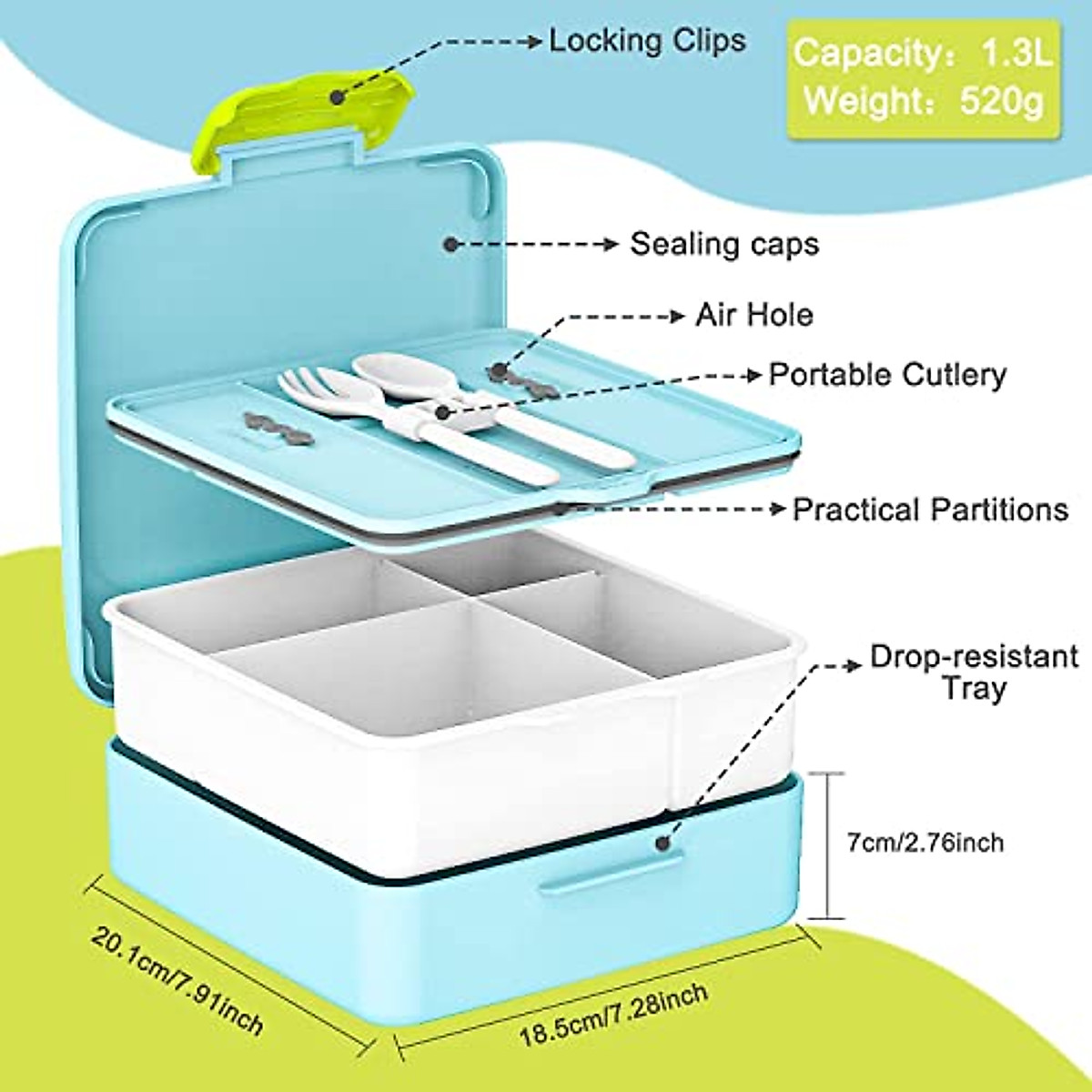 Bento Lunch Box for Kids, Dinosaur Lunch Box with 4 Compartment Bento,1300ml Lunch Containers with Sauce Jar, Spoon&Fork, Durable, Leak Proof, Dishwasher Safe, BPA-Free and Food-Safe Materials (Blue)