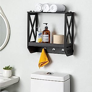 J JINXIAMU Bathroom Wall Shelf,Wall Shelves Over The Toilet Storage Fit for Any Room,Wall Shelf with Hooks Great Key Holder for Wall Decorative,Floating Bathroom Shelves Nice Bathroom Decor,Black