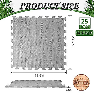 96.5 Sq. Ft Wood Grain Mats Foam Tiles 23.6 x 23.6 Inch 25 Pcs Interlocking Foam Floor Mats EVA Foam Floor Tiles for Kids Adults Playroom Bedroom Farmhouse Flooring (Grey)