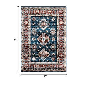 RUGSREAL 5x7 Rug Washable Rug Indoor Non-Slip Stain Resistant Large Area Rug for Living Room Throw Carpet Medallion Distressed Rug Oriental Accent Rug for Bedroom Office Nursery, Blue