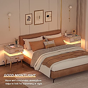 Cyclysio Night Stand with Charging Station, Modern Nightstand Bedside Tables with Led Lights, Bed Side Table Night Stand with Drawers for Bedroom and Sofa Side, 25'' Tall, White Oak Wood Finish