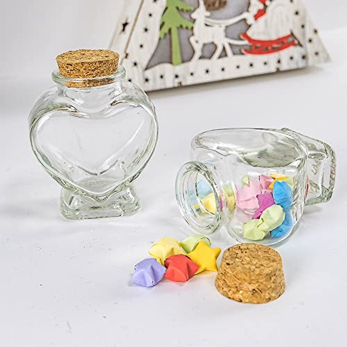 2.7 OZ Heart Shaped Glass Favor Jars with Cork Lids,Glass Wish Bottles with Cork,Decorative Glass Bottle with Cork Stopper-(80ml-6Pcs)