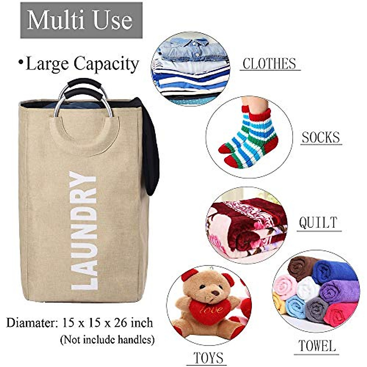 FROPACKZO 45L Collapsible Storage Laundry Hamper Folding Laundry Baskets laundry bag, With Metal handle, Bedroom Storage Toys Clothing Organization (Color : Beige)