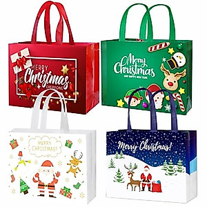 12 Pack Reusable Christmas Tote Bags - Non-Woven Shopping Bags with Handles for Gifts, Treats, Wrapping - 12.6'' x 9.8'' x 4.5''