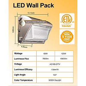 JC-LGL LED Wall Pack Light 60W 7800lm with Dusk to Dawn Photocell, 5000K Daylight Wall Pack Outdoor Light Repalces 600W HPS/HID Light, IP65 Waterproof for Stadium, Yard, Buildings, Parking Lots