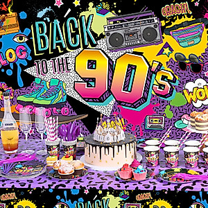 90s Party Decorations 90s Theme Backdrop Latex Balloons Back to The 90's Tablecloth Party Tableware Set 90's Paper Plates Napkins Knife Forks Flatware for Birthday Hip Hop Graffiti Supplies