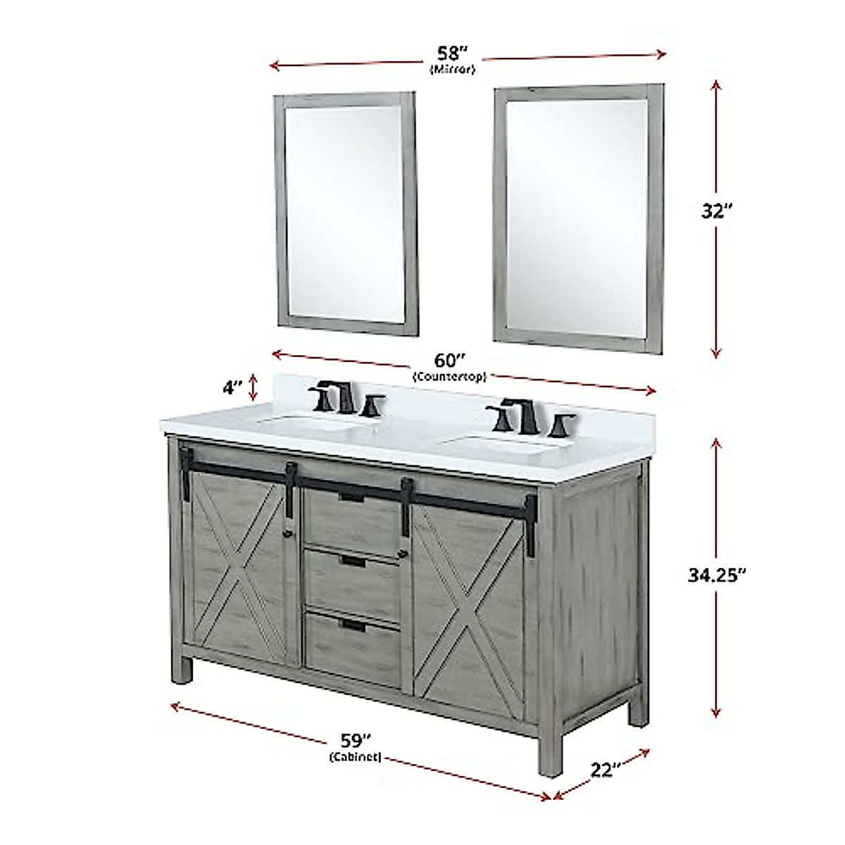 Bell+Modern Ketchum 60 inch Ash Grey Double Bath Vanity and Cultured Marble Countertop