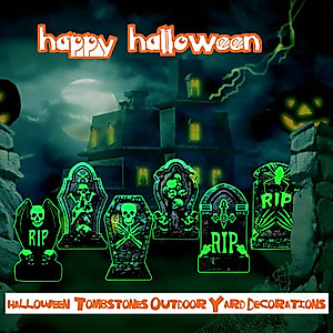 Fluorescent Halloween RIP Tombstones | 6 Tombstones Halloween Decor With 12 Fix Stakes, Scary Halloween Yard Outdoor Lawn Signs for Haunted House Garden Yard and Scary Theme Party
