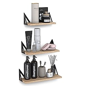Halter Wall Book Shelves for Bedroom, Small Wall Shelf, Mounted Floating Wall Shelving, Hanging Shelves with Angle Brackets, Wall Shelves for Bedroom, Bathroom, Kitchen, Light Brown,Set of 3