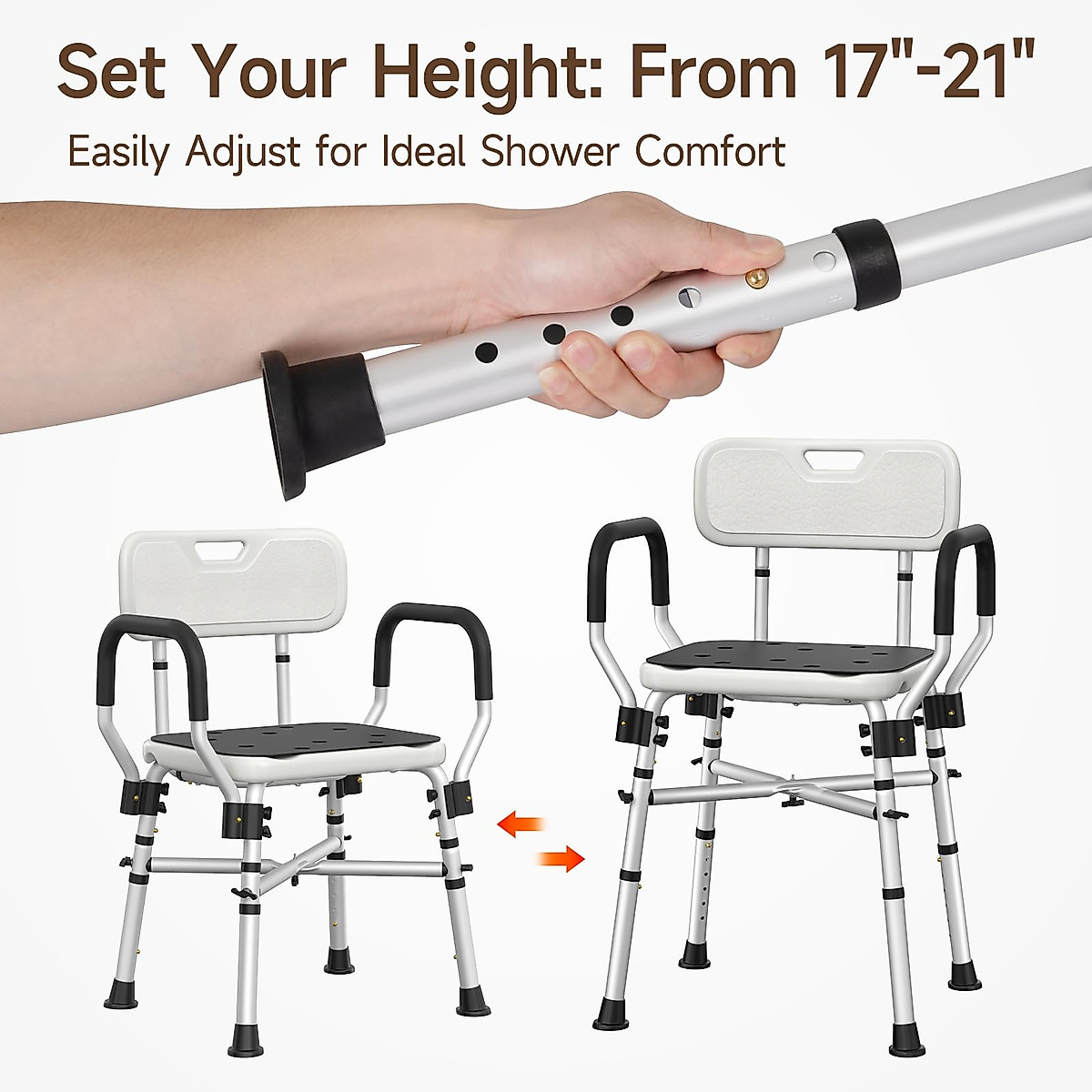 WAYES Shower Chair with Arms and Back - Bariatric Shower Chair, Up to 500 Lbs, Heavy-Duty, Adjustable