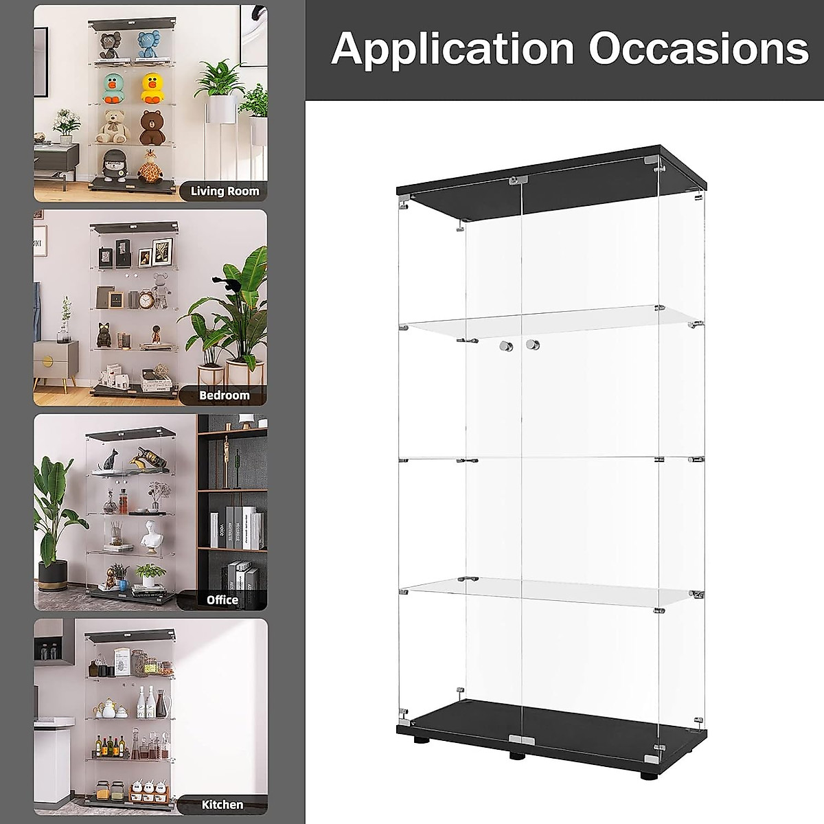 LFT HUIMEI2Y Glass Display Cabinet 4-Shelf with Double Door, Curio Cabinets Fast Installation in 30 Mins, Tempered Glass Floor Standing Bookshelf for Bedroom, Living Room 64.7”x 32”x 14.4” Black