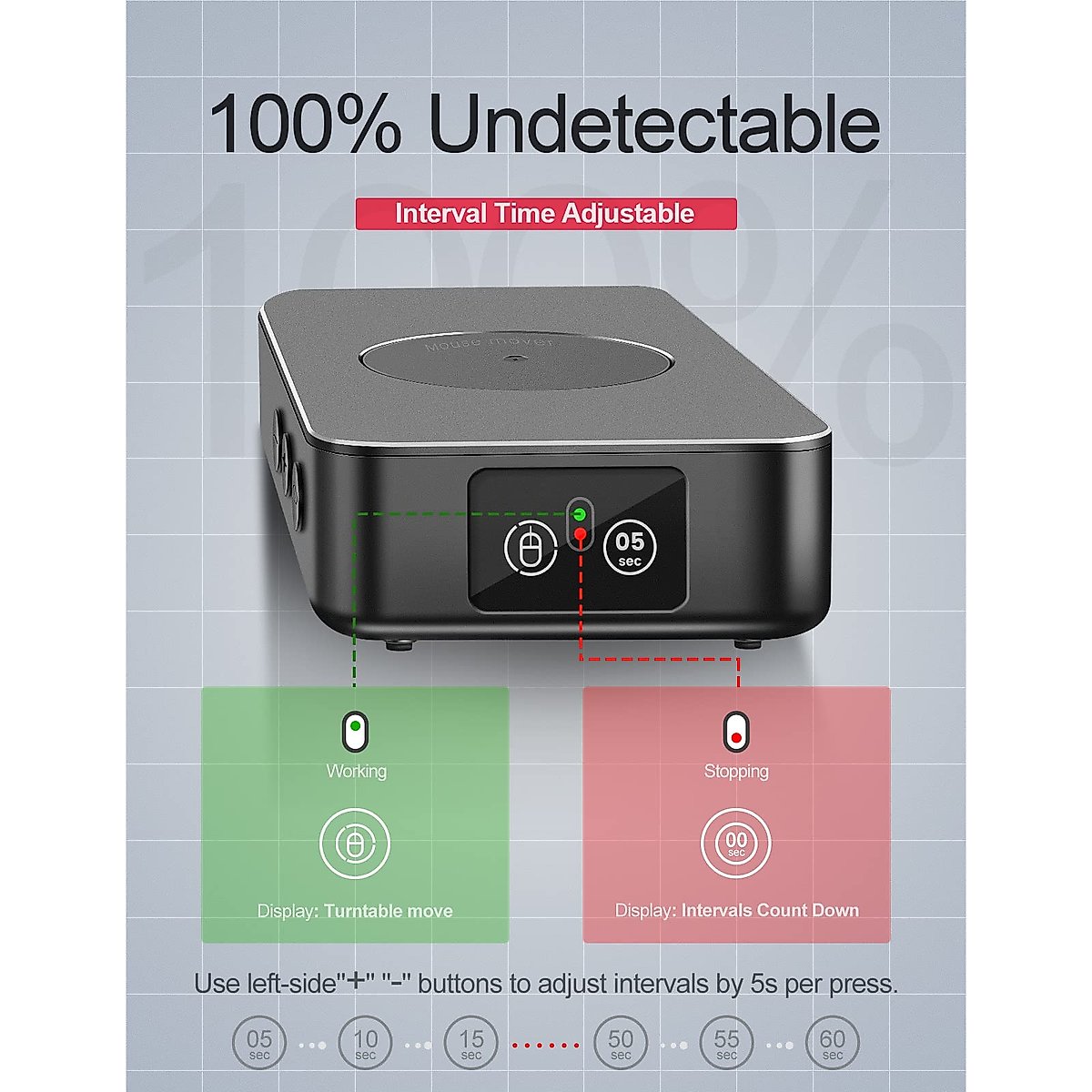 【Screen Display & Interval Timer】ENUSUNG Nice Mouse Mover, Undetectable Mechanical Mouse Jiggler, With ON/OFF Switch and Adjustable Timer(between 5-60s), Silent Automatic Mouse Shaker, Keeps PC Active