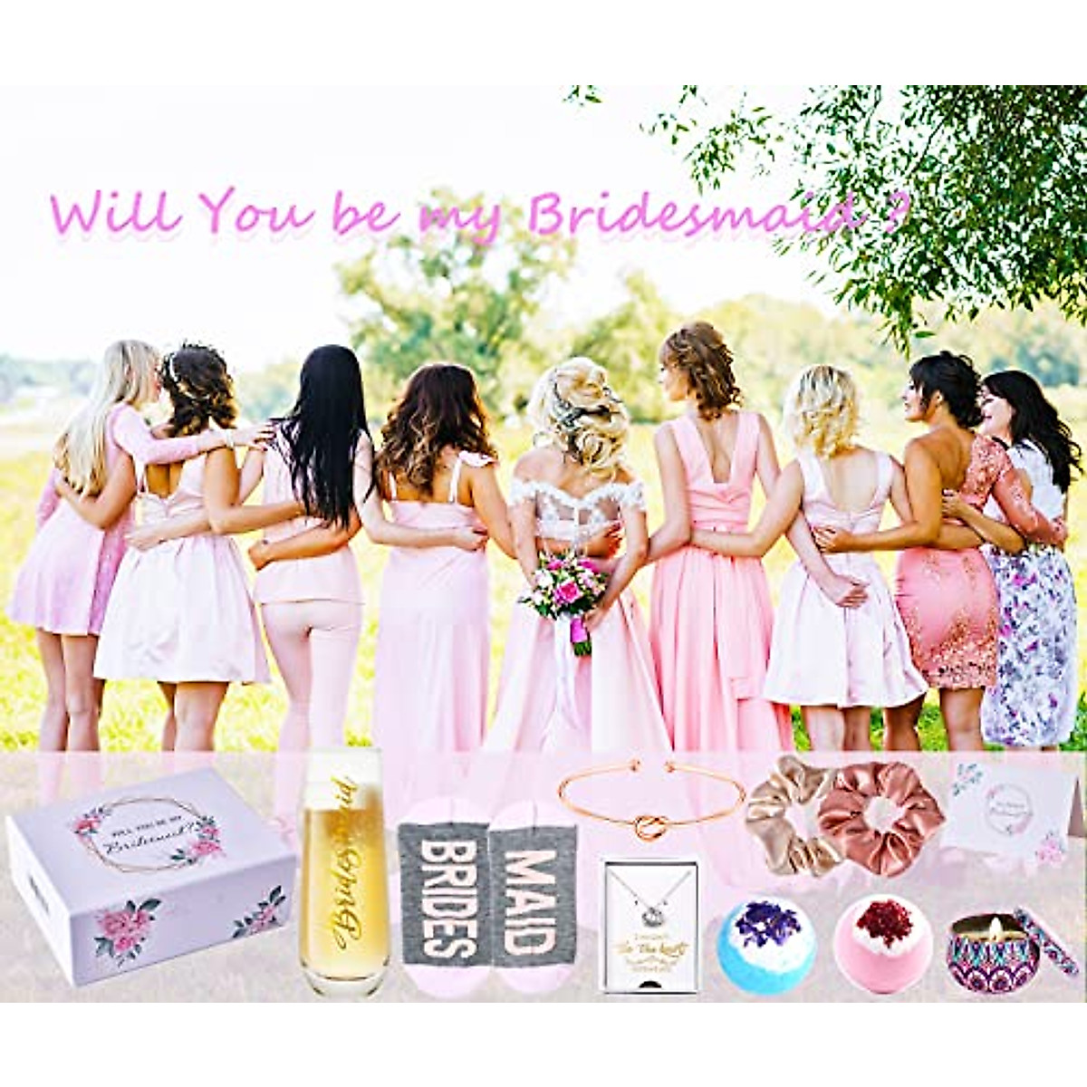 Bridesmaid Proposal Gifts Set-Will You be My Bridesmaid Gift Box, Wedding Engagement Gifts,Bachelorette Party Bridal Showers gifts,Bridesmaids Bracelets, Necklaces And Bridesmaids Socks Rose Spa Gifts